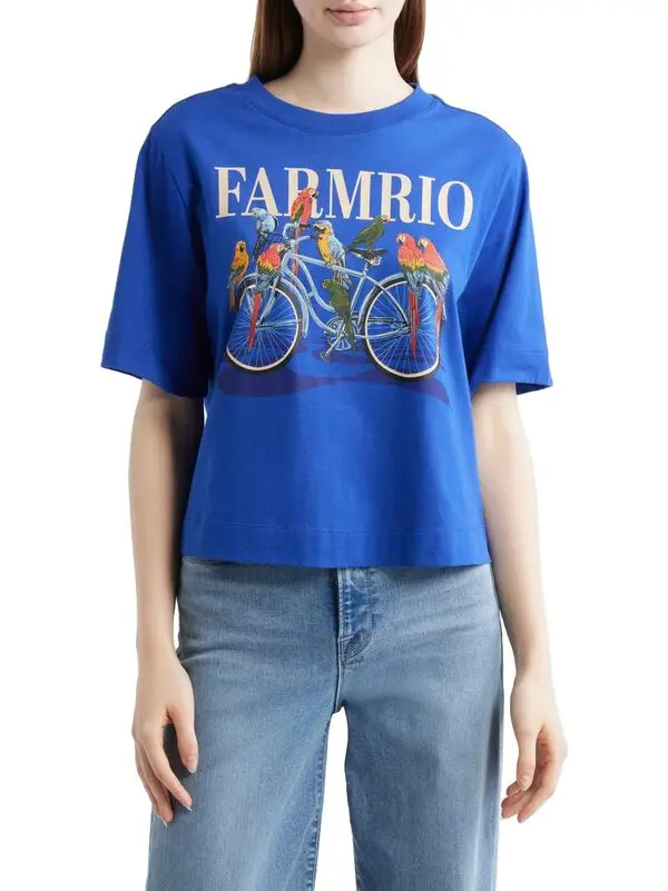 Farm Rio Bike Birds Graphic Boxy T-shirt - Blue