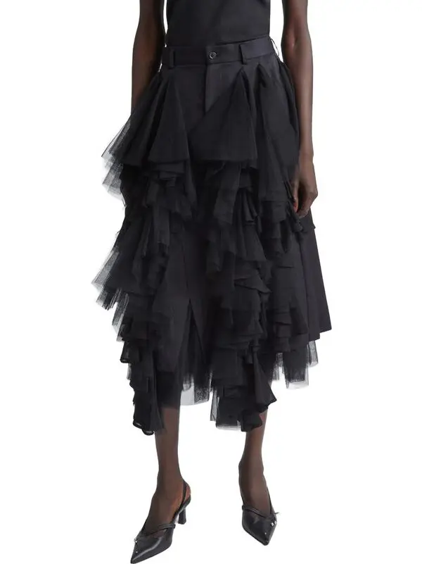 Noir Kei Ninomiya Wool Gabardine Skirt With Tulle Ruffles - Black X Black