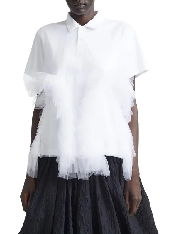 Noir Kei Ninomiya Cotton Ponte & Tulle Polo - White