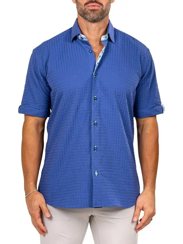 MACEOO Galileo Marthy Short Sleeve Cotton Button-up Shirt - Blue