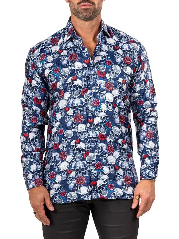 MACEOO Fibonacci Mathyr0242 Skull Print Button-up Shirt - Blue