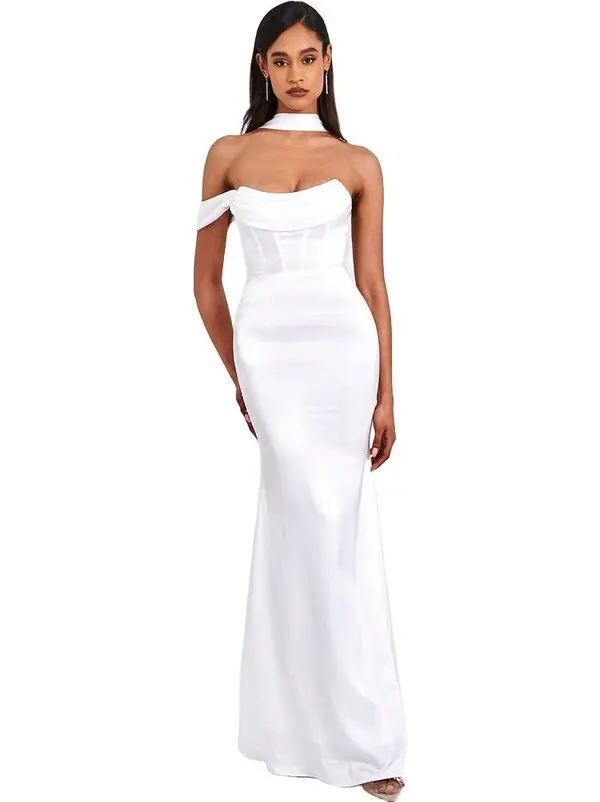MISS CIRCLE Ivona Halter Neck Satin Maxi Gown - White