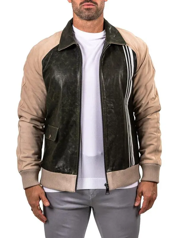 MACEOO Leather Bomber Jacket - Green