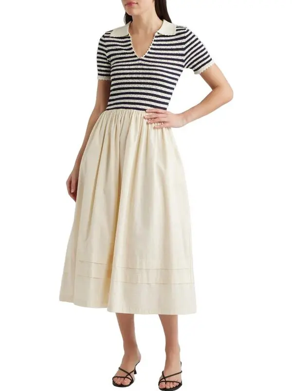ZOE AND CLAIRE Hybrid Stripe Pointelle Rib & Woven Dress - Cream