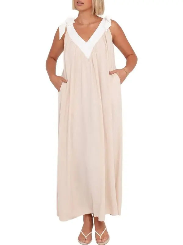 PETAL & PUP Dami Shoulder Bow Maxi Dress - Oatmeal