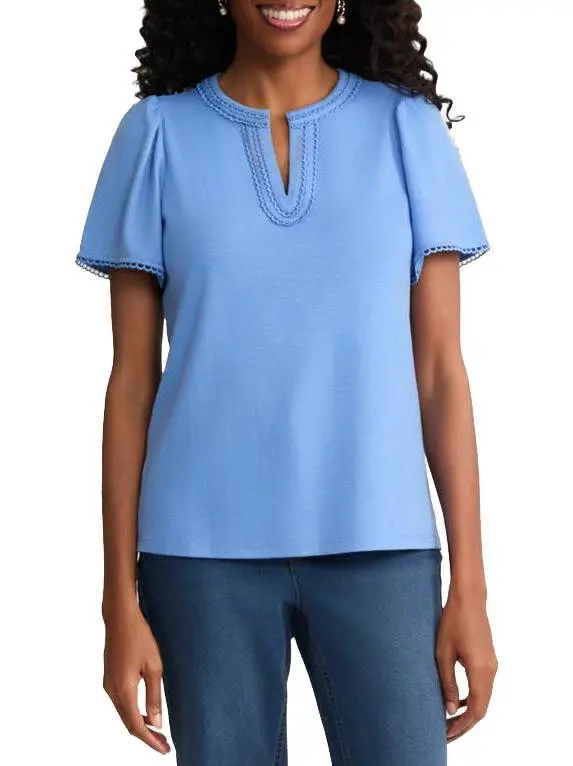 Jones New York Split Neck Embroidered Top - Blue Horizon