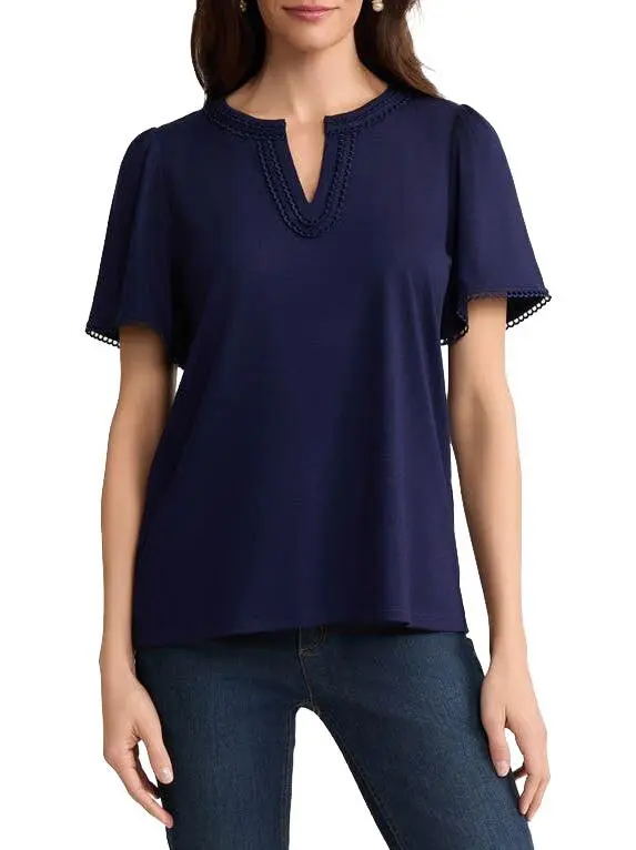 Jones New York Split Neck Embroidered Top - Pacific Navy