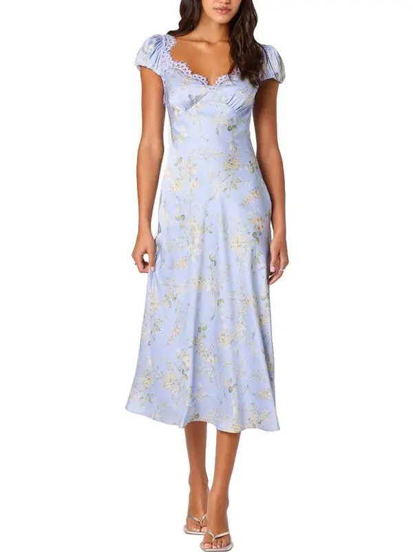 Astr The Label Makaela Floral Satin Midi Dress - Blue Floral