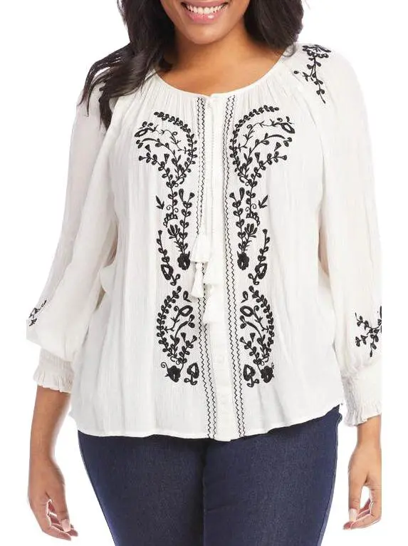 Karen Kane Embroidered Tie Neck Peasant Top - White