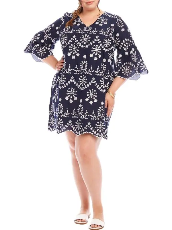 Karen Kane Embroidered Flare Sleeve Cotton Dress - Navy