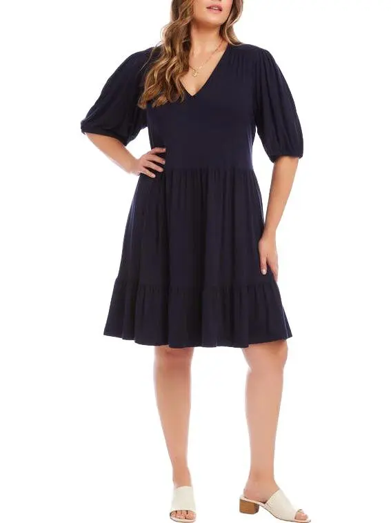 Karen Kane Puff Sleeve Tiered Dress - Navy