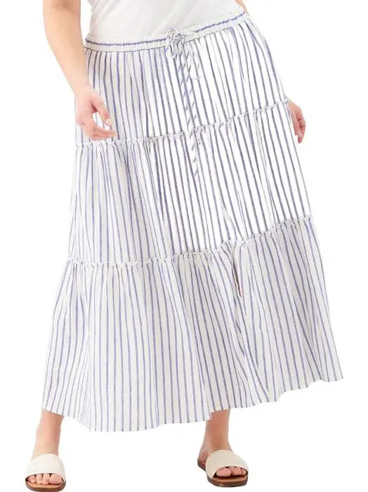 Karen Kane Tiered Stripe Linen Blend Midi Skirt - Blue/white