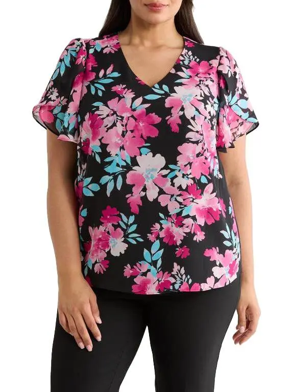 KASPER Floral Print Tulip Sleeve Top - Black Multi