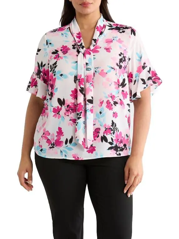 KASPER Floral Tie Neck Sleeveless Satin Top - Lily White Multi