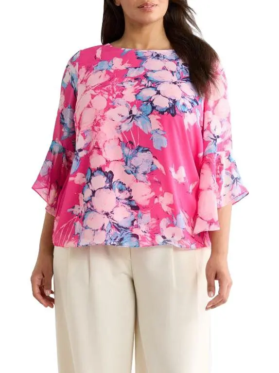 KASPER Printed Ruffle Sleeve Top - Pink Perfection Multi