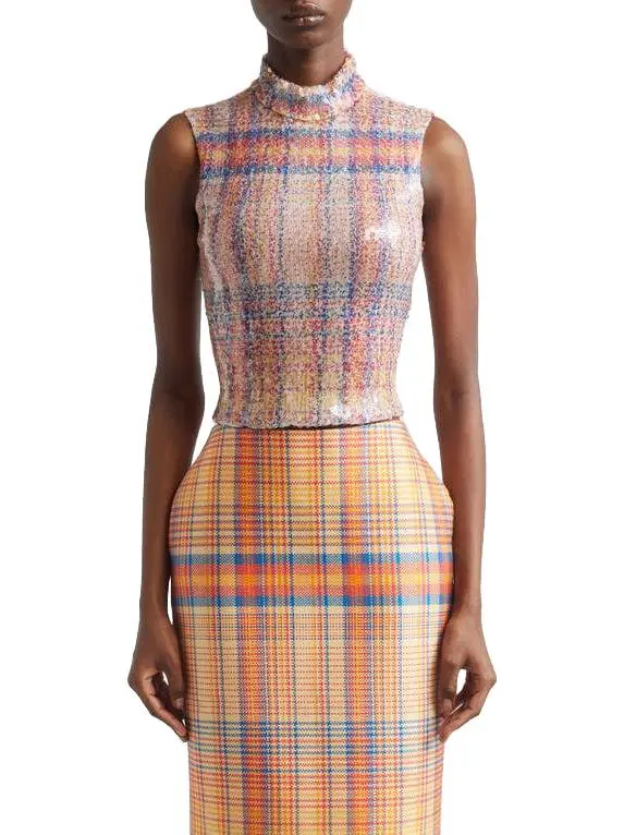 Brandon Maxwell Paillette Plaid Mock Neck Top - Orange Plaid