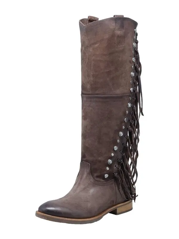 A.S.98 Ilke Studded Fringe Knee High Boots - Brown