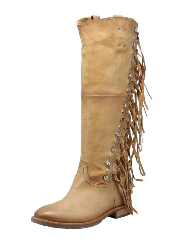 A.S.98 Ilke Studded Fringe Knee High Boots - Camel