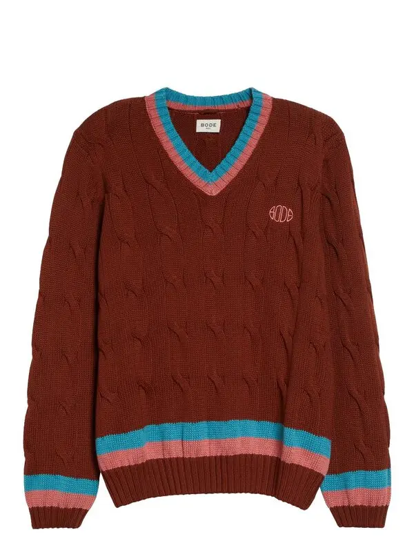 BODE Cable Knit Cotton Tennis Sweater - Brown