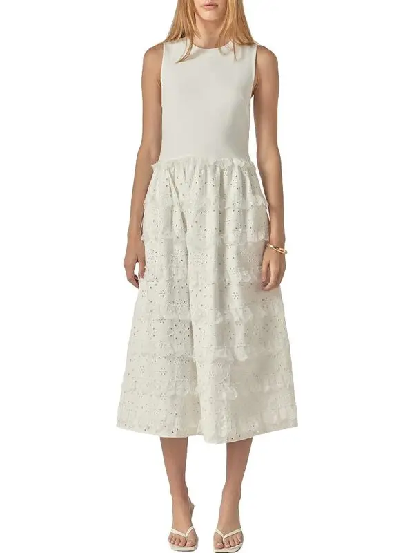 English Factory Ruffle & Eyelet Mixed Media Sleeveless Midi Dress - White