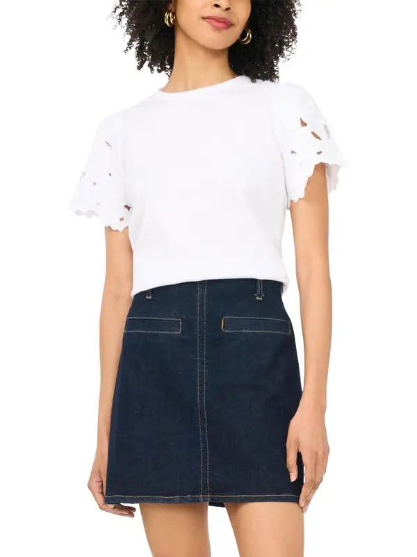 Vince Camuto Eyelet Embroidered Sleeve T-shirt - Ultra White