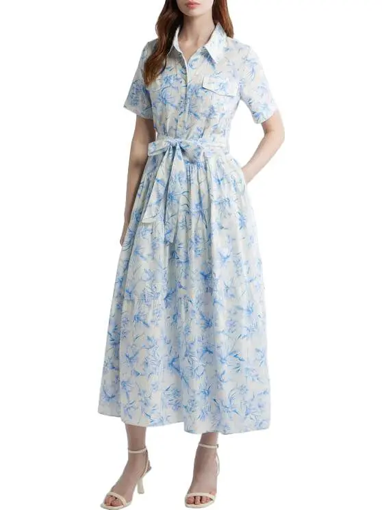 ZOE AND CLAIRE Printed Cotton Poplin Maxi Shirt Dress With Belt - Blue Multi