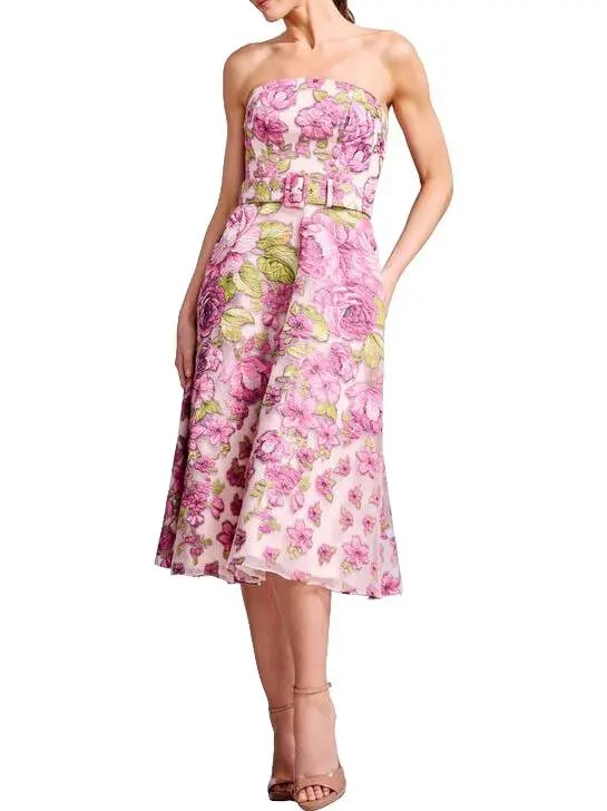 Dress The Population Strapless Brocade Cocktail Dress With Belt - Pink Blossom Multi