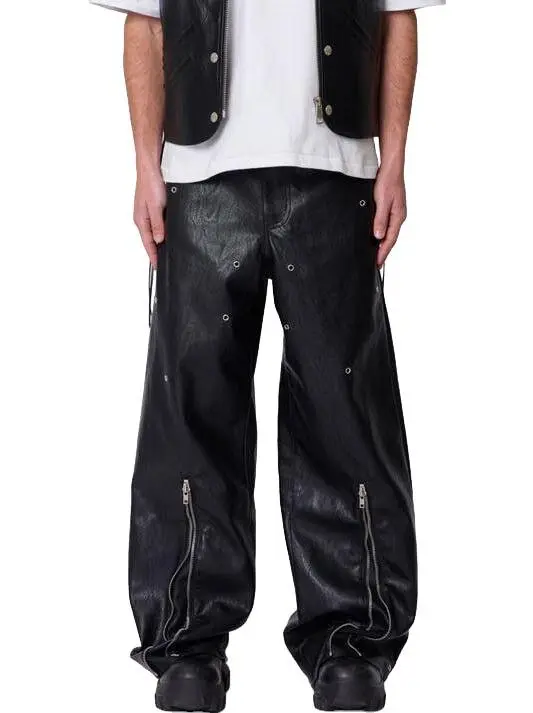 Mnml Zip Hem Faux Leather Rave Pants - Black