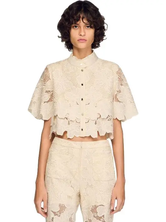 Sandro Cropped Floral Guipure Shirt - Ecru