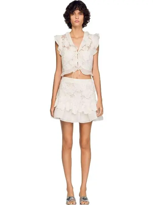 Sandro Short Flared Guipure Skirt - White