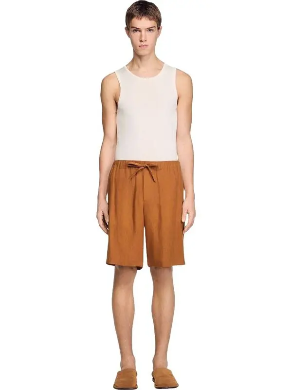 Sandro Linen Elastic Waist Shorts - Whisky
