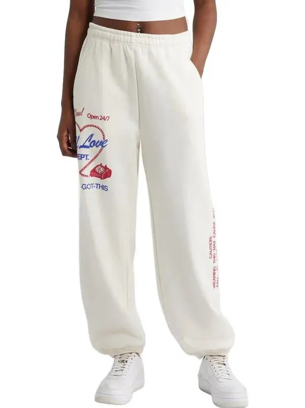 THE MAYFAIR GROUP Self Love Club Oversize Fleece Graphic Sweatpants - Cream
