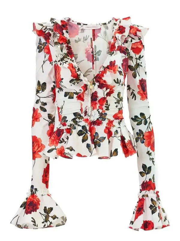 Carolina Herrera Rose-print Ruched Top - White