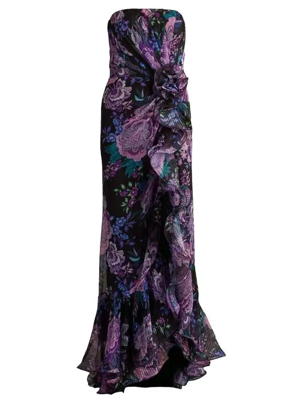 Tadashi Shoji Floral Ruffled Asymmetric Dress - Black