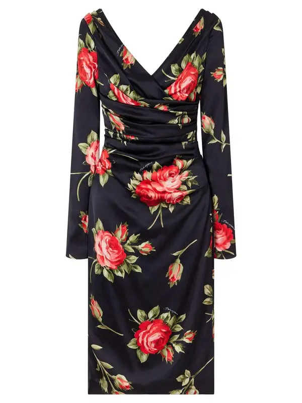 Dolce & Gabbana Floral-printed Satin Midi Dress - Black