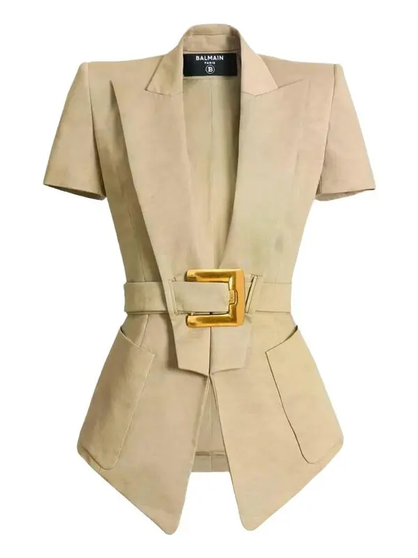 Balmain Anthem Belted Gabardine Jacket - Neutrals