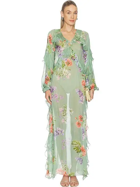 Hemant & Nandita Long Ruffle Kaftan - Green