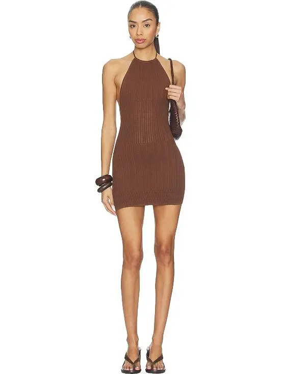 LOVERS AND FRIENDS Adeline Halter Pointelle Mini Dress - Dark Brown