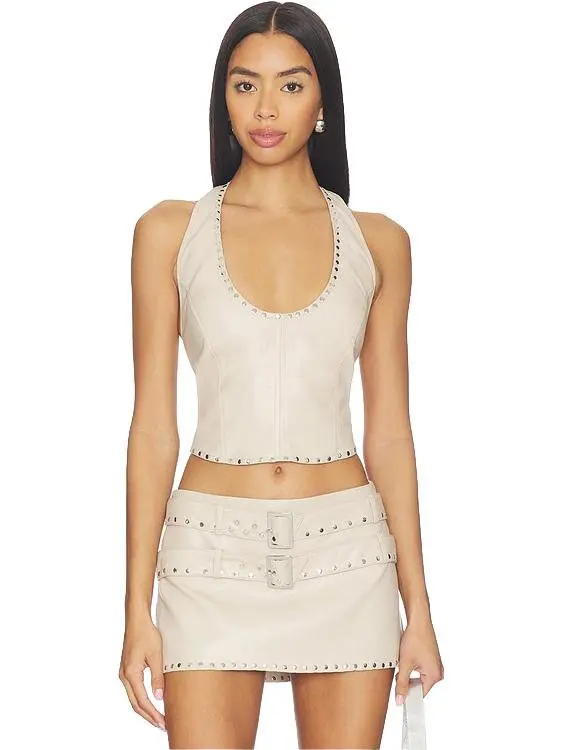 LAMARQUE Liddy Faux Leather Studded Halter Top - Ecru