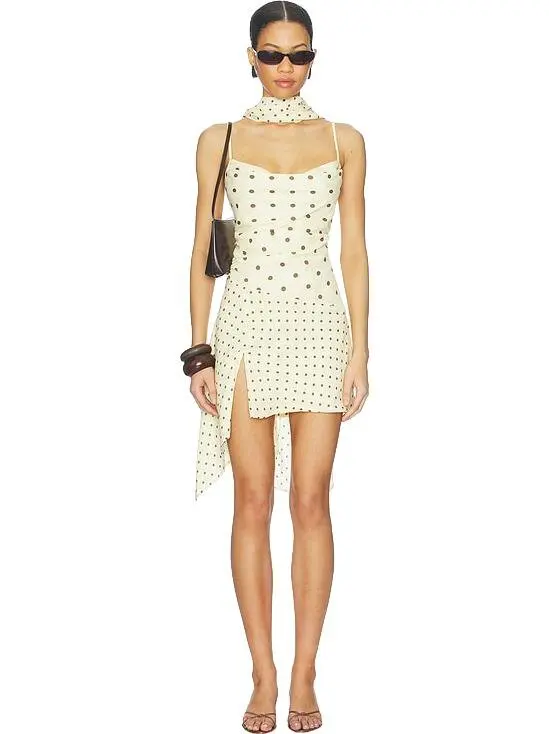 RUNAWAY THE LABEL Alora Mini Dress With Scarf - Lemon Choc Polka