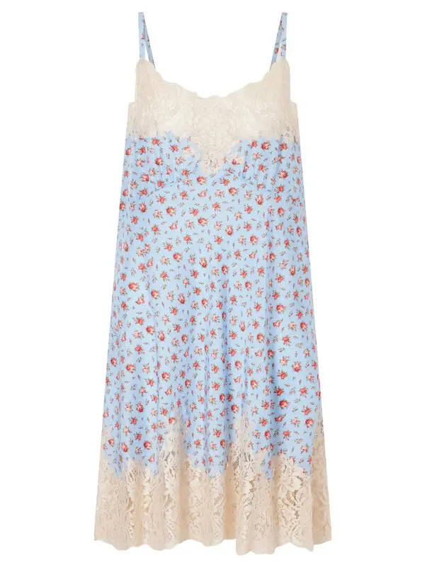 Dolce & Gabbana Floral-print Lace-trimmed Silk-blend Mini Dress - Blue
