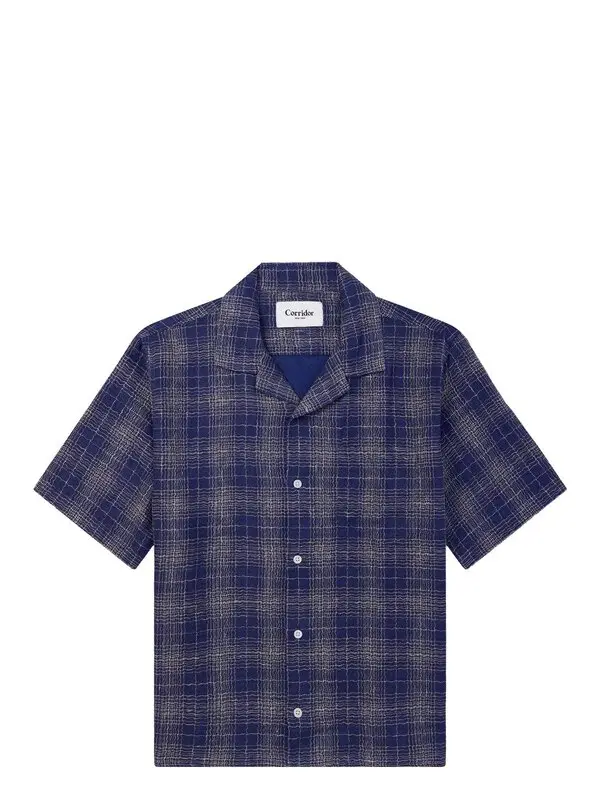 CORRIDOR Camp-collar Checked Cotton And Linen-blend Gauze Shirt - Blue