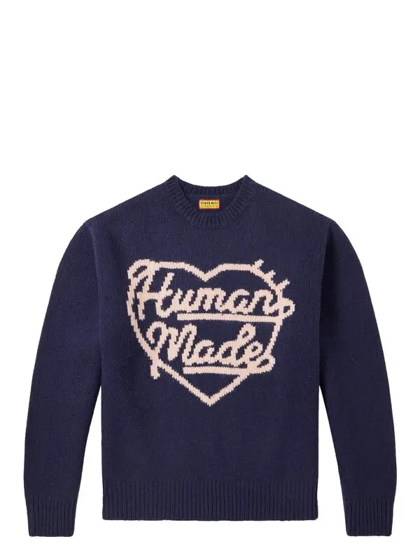 HUMAN MADE Logo Intarsia Wool Blend Sweater - Blue