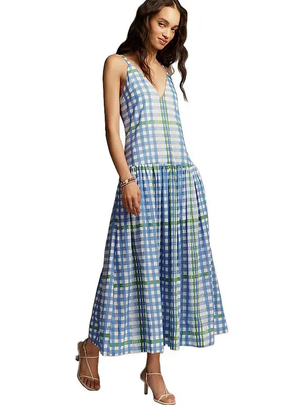 DE LORETA Drop-waist Sleeveless V-neck Maxi Dress - Blue Pattern