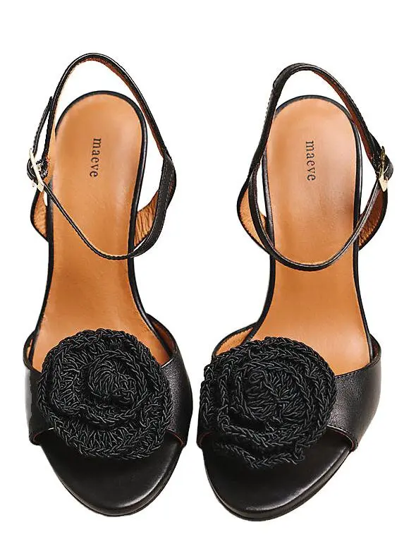 Maeve Crochet Flower Open-toe Heels - Black