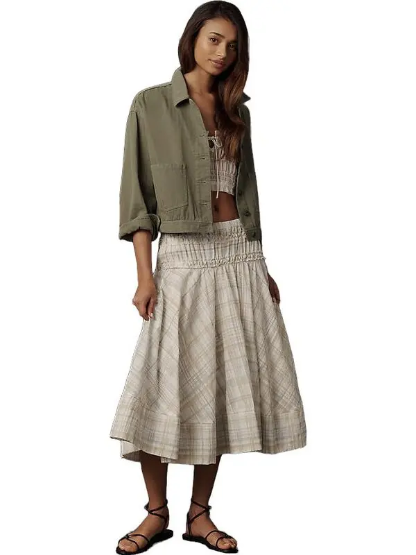 Anthropologie Gingham Midi Circle Skirt - Grey Plaid