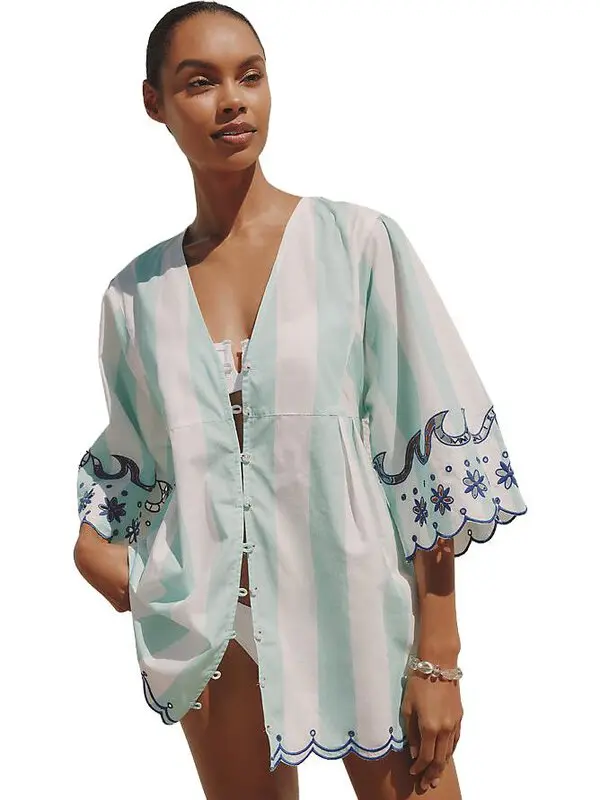 CELANDINE Poolside Embroidered Buttondown Tunic - Teal/white Stripe