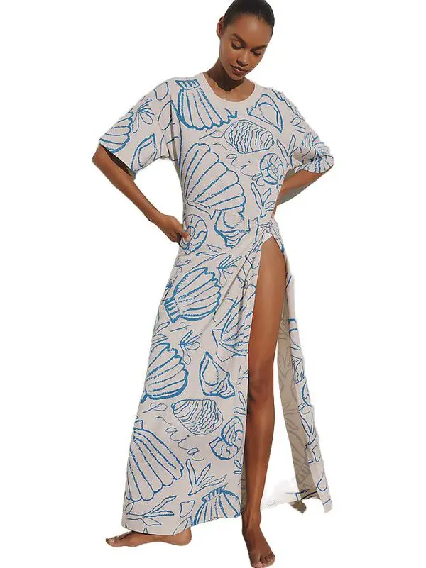 CELANDINE X Holly Francesca High-slit Maxi T-shirt Dress - Blue Pattern