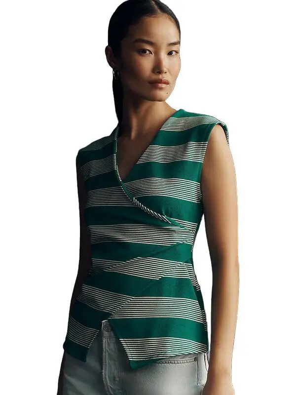Maeve Sleeveless V-neck Wrap Top - Green Stripe