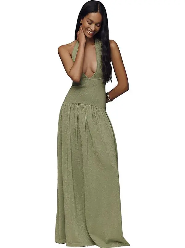 Retrofete Marcelle V-neck Drop-waist Maxi Dress - Metallic Kiwi